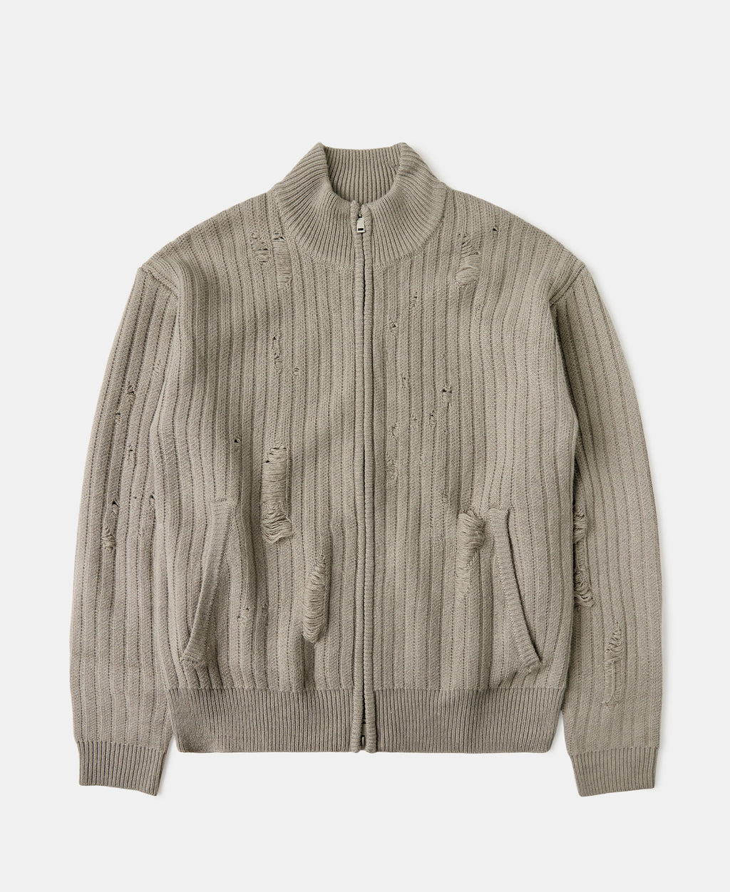 Distressed Wool Blend Zip-Up Mock Collar Sweater Jacket | Olderbest